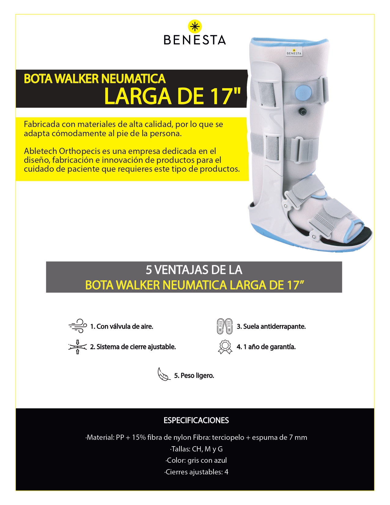 Bota Walker Neumatica Larga de 17" Benesta